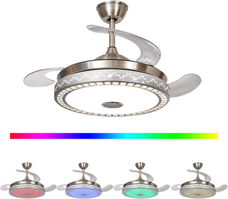Retractable ceiling fan featuring LED light and Bluetooth speaker ...